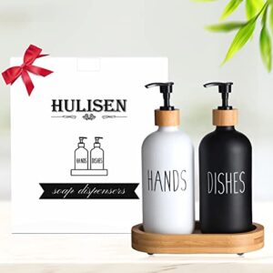 HULISEN Dish Soap Dispenser Set with Bamboo Tall Tray, Kitchen Soap Dispenser Set, Matte Hand and Dish Soap Dispenser Set for Modern/Boho/Farmhouse Kitchen Decor (Black & White)