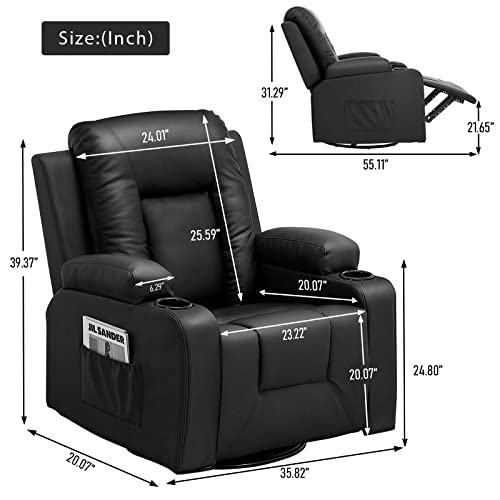 COMHOMA Leather Recliner Chair Modern Rocker with Heated Massage Ergonomic Lounge 360 Degree Swivel Single Sofa Seat with Drink Holders Living Room Chair Single (Black)