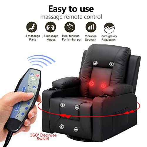 COMHOMA Leather Recliner Chair Modern Rocker with Heated Massage Ergonomic Lounge 360 Degree Swivel Single Sofa Seat with Drink Holders Living Room Chair Single (Black)