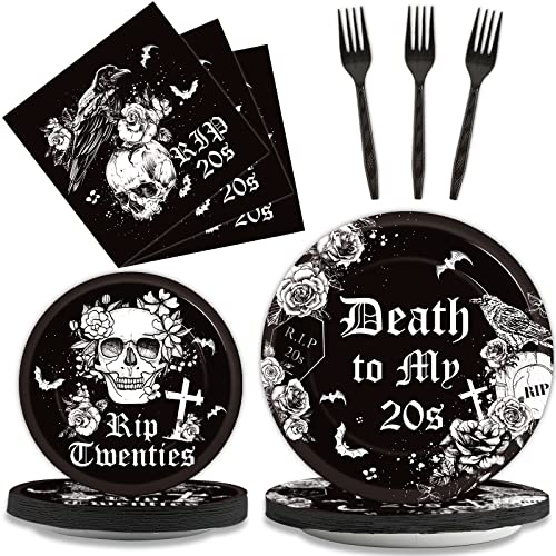 gisgfim 30th Birthday Party Supplies for 24 Guests Death To My Twenties Plates Napkins Forks Tableware Set Disposable Black Rip To My 20s Decorations Favors for Funeral for My Youth Party