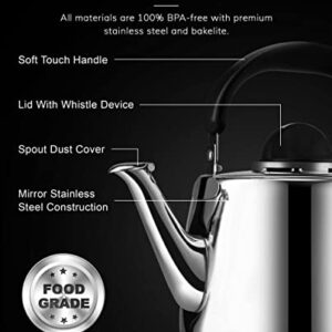 Tea Kettle - 3QT Whistling Tea Pots for Stove Top - Food Grade Stainless Steel Teapot - Classic Stovetop Kettle with Universal Base, Cool Grip Bakelite Handle