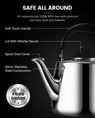 Tea Kettle - 3QT Whistling Tea Pots for Stove Top - Food Grade Stainless Steel Teapot - Classic Stovetop Kettle with Universal Base, Cool Grip Bakelite Handle