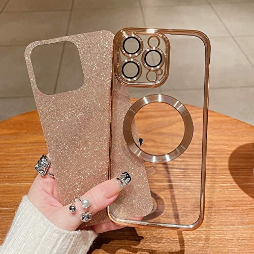 aowner Magnetic Case for iPhone 14 Pro Max Glitter Case, Luxury Plating Cute Bling with Camera Lens Protector, Compatible with MagSafe, Slim Thin for Women Girls Protective Clear Phone Case, Gold