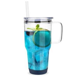 zukro 32 oz drinking glass tumbler with handle, iced coffee cup with straw and lid, reusable clear glass water cup with silicone bumper fits in cup holder, dishwasher safe, bpa free, bluehorizon