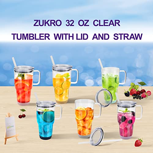 Zukro 32 oz Drinking Glass Tumbler with Handle, Iced Coffee Cup with Straw and Lid, Reusable Clear Glass Water Cup With Silicone Bumper Fits In Cup Holder, Dishwasher Safe, BPA Free, Bluehorizon