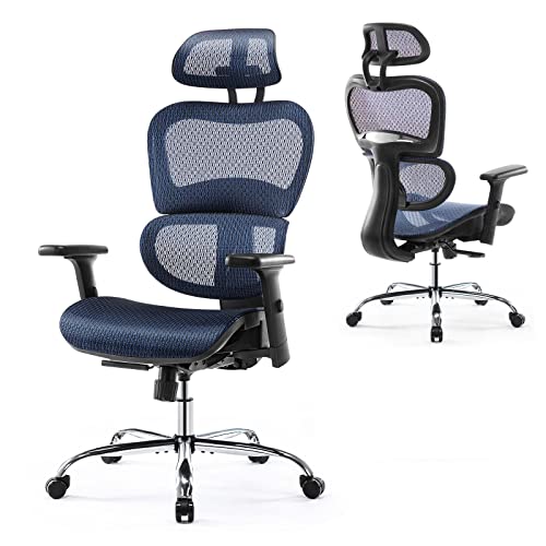 JHK Ergonomic Chair Executive High Back Mesh with Lumbar Support and Tilt Function, 360° Swivel Computer Gaming with 3D Adjustable Headrest and Armrest, for Home and Office, Blue