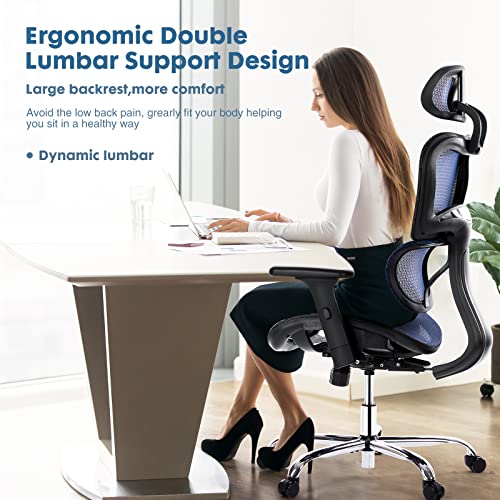 JHK Ergonomic Chair Executive High Back Mesh with Lumbar Support and Tilt Function, 360° Swivel Computer Gaming with 3D Adjustable Headrest and Armrest, for Home and Office, Blue