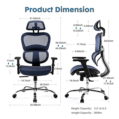 JHK Ergonomic Chair Executive High Back Mesh with Lumbar Support and Tilt Function, 360° Swivel Computer Gaming with 3D Adjustable Headrest and Armrest, for Home and Office, Blue