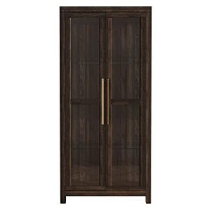 BELLEZE Storage Cabinet, Tall Bookshelf or Display Cabinet for Living Room Bedroom, Curio Cabinet with Tempered Glass Doors, Trophy Display Case, Storage/Organization - Avalon (Dark Walnut)