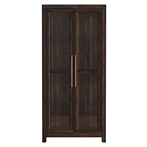 BELLEZE Storage Cabinet, Tall Bookshelf or Display Cabinet for Living Room Bedroom, Curio Cabinet with Tempered Glass Doors, Trophy Display Case, Storage/Organization - Avalon (Dark Walnut)