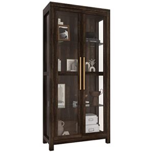 BELLEZE Storage Cabinet, Tall Bookshelf or Display Cabinet for Living Room Bedroom, Curio Cabinet with Tempered Glass Doors, Trophy Display Case, Storage/Organization - Avalon (Dark Walnut)