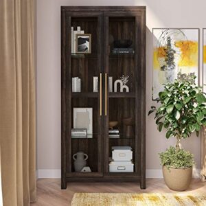 BELLEZE Storage Cabinet, Tall Bookshelf or Display Cabinet for Living Room Bedroom, Curio Cabinet with Tempered Glass Doors, Trophy Display Case, Storage/Organization - Avalon (Dark Walnut)