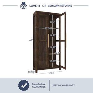 BELLEZE Storage Cabinet, Tall Bookshelf or Display Cabinet for Living Room Bedroom, Curio Cabinet with Tempered Glass Doors, Trophy Display Case, Storage/Organization - Avalon (Dark Walnut)