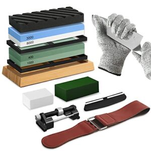 greenual knife sharpening stone set premium 4 side grit 400/1000 3000/8000 whetstone knife sharpener wet stones chisel sharpening kit stones leather strop honing guide for sharpeners knives