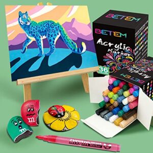 Betem Acrylic Paint Markers Paint Pens 36 Colors, Betem Premium Medium Tip Acrylic Paint Pens for Wood, Canvas, Stone, Rock Painting, Glass, Ceramic Surfaces, DIY Crafts Making Art Supplies