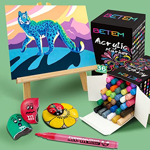 Betem Acrylic Paint Markers Paint Pens 36 Colors, Betem Premium Medium Tip Acrylic Paint Pens for Wood, Canvas, Stone, Rock Painting, Glass, Ceramic Surfaces, DIY Crafts Making Art Supplies