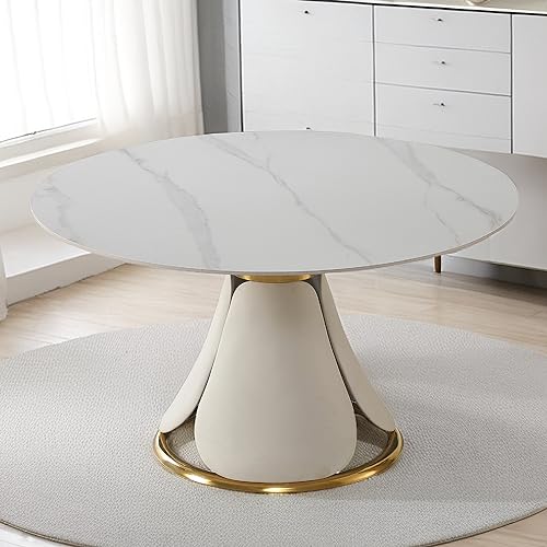 Legendstone Kitchen Dining Table, Round Marble Dining Table for 4-6, Compact Space w/53 Sintered Stone Tabletop, Lotus Shape Design & PU Leather Wrapped & Metal Base (1PC Table)