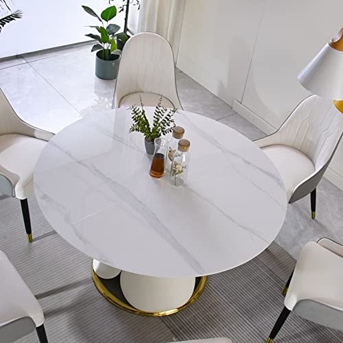 Legendstone Kitchen Dining Table, Round Marble Dining Table for 4-6, Compact Space w/53 Sintered Stone Tabletop, Lotus Shape Design & PU Leather Wrapped & Metal Base (1PC Table)