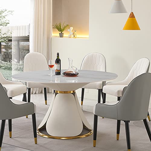 Legendstone Kitchen Dining Table, Round Marble Dining Table for 4-6, Compact Space w/53 Sintered Stone Tabletop, Lotus Shape Design & PU Leather Wrapped & Metal Base (1PC Table)