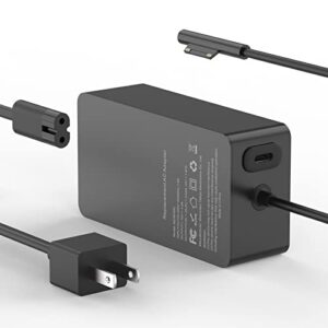 surface pro charger for microsoft surface pro 9, 8, 7+, 7, 6, 5, 4, x, windows surface laptop 5, 4, 3, studio, surface go, surface book 3, 2, 1, 65w surface laptop charger + 20w usb c, led, 10ft