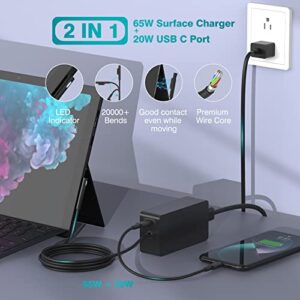 Surface Pro Charger for Microsoft Surface Pro 9, 8, 7+, 7, 6, 5, 4, X, Windows Surface Laptop 5, 4, 3, Studio, Surface Go, Surface Book 3, 2, 1, 65W Surface Laptop Charger + 20W USB C, LED, 10FT