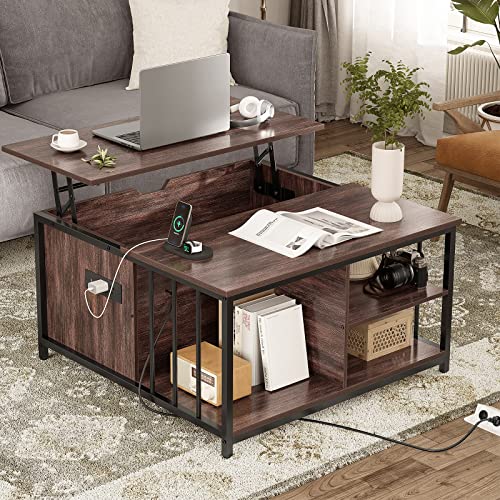 AOGLLATI Lift Top Coffee Table with Storage and Hidden Compartment, Farmhouse Square Coffee Table with Charging Station, Wood Lift Tabletop Central Table for Living Room, Reception Room, Retro Brown