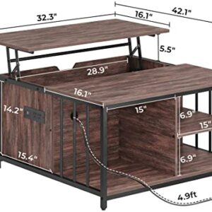 AOGLLATI Lift Top Coffee Table with Storage and Hidden Compartment, Farmhouse Square Coffee Table with Charging Station, Wood Lift Tabletop Central Table for Living Room, Reception Room, Retro Brown