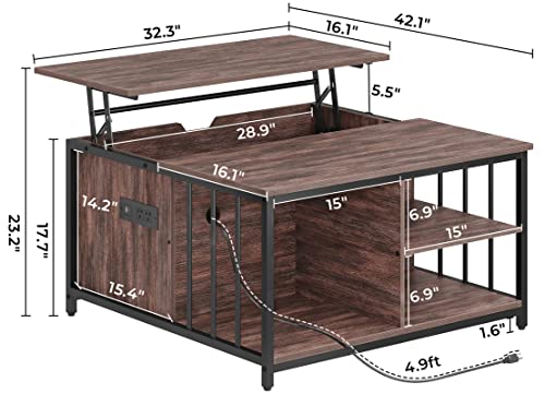 AOGLLATI Lift Top Coffee Table with Storage and Hidden Compartment, Farmhouse Square Coffee Table with Charging Station, Wood Lift Tabletop Central Table for Living Room, Reception Room, Retro Brown