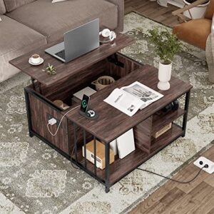 AOGLLATI Lift Top Coffee Table with Storage and Hidden Compartment, Farmhouse Square Coffee Table with Charging Station, Wood Lift Tabletop Central Table for Living Room, Reception Room, Retro Brown