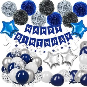 rubfac 60pcs birthday party decorations for men boys navy blue party decor silver confetti balloons foil balloons, flower pompoms, birthday banner for 16th 20th 25th 30th 35th 40th 50th 60th 70th