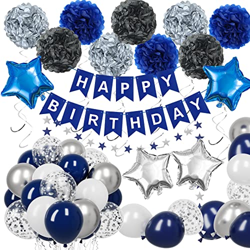 RUBFAC 60pcs Birthday Party Decorations for Men Boys Navy Blue Party Decor Silver Confetti Balloons Foil Balloons, Flower Pompoms, Birthday Banner for 16th 20th 25th 30th 35th 40th 50th 60th 70th