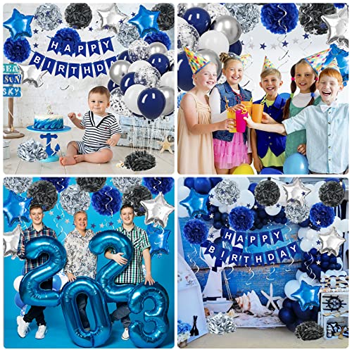 RUBFAC 60pcs Birthday Party Decorations for Men Boys Navy Blue Party Decor Silver Confetti Balloons Foil Balloons, Flower Pompoms, Birthday Banner for 16th 20th 25th 30th 35th 40th 50th 60th 70th