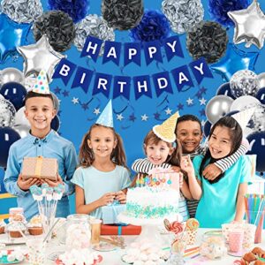 RUBFAC 60pcs Birthday Party Decorations for Men Boys Navy Blue Party Decor Silver Confetti Balloons Foil Balloons, Flower Pompoms, Birthday Banner for 16th 20th 25th 30th 35th 40th 50th 60th 70th