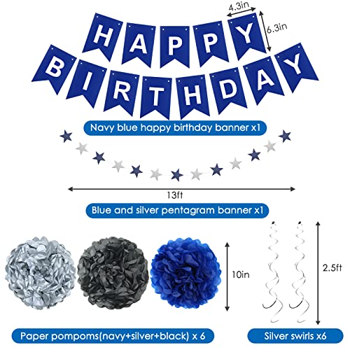 RUBFAC 60pcs Birthday Party Decorations for Men Boys Navy Blue Party Decor Silver Confetti Balloons Foil Balloons, Flower Pompoms, Birthday Banner for 16th 20th 25th 30th 35th 40th 50th 60th 70th