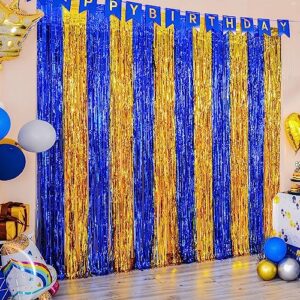 lolstar 2 pack navy blue and gold party decorations, 3.3x6.6 ft foil fringe curtains, tinsel backdrop, graduation photo booth prop streamer backdrop for birthdays, showers, retirement, graduations