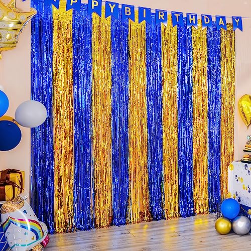 LOLStar 2 Pack Navy Blue and Gold Party Decorations, 3.3x6.6 ft Foil Fringe Curtains, Tinsel Backdrop, Graduation Photo Booth Prop Streamer Backdrop for Birthdays, Showers, Retirement, Graduations