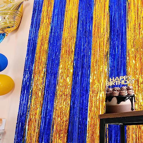 LOLStar 2 Pack Navy Blue and Gold Party Decorations, 3.3x6.6 ft Foil Fringe Curtains, Tinsel Backdrop, Graduation Photo Booth Prop Streamer Backdrop for Birthdays, Showers, Retirement, Graduations