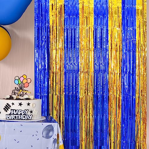 LOLStar 2 Pack Navy Blue and Gold Party Decorations, 3.3x6.6 ft Foil Fringe Curtains, Tinsel Backdrop, Graduation Photo Booth Prop Streamer Backdrop for Birthdays, Showers, Retirement, Graduations