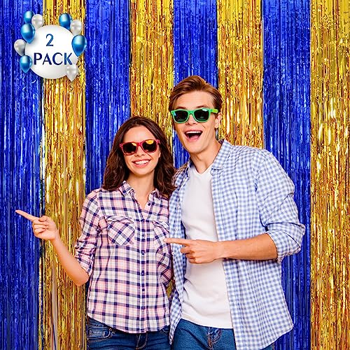 LOLStar 2 Pack Navy Blue and Gold Party Decorations, 3.3x6.6 ft Foil Fringe Curtains, Tinsel Backdrop, Graduation Photo Booth Prop Streamer Backdrop for Birthdays, Showers, Retirement, Graduations