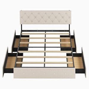 Mjkone California King Size Platform Bed Frame with 4 Storage Drawers, Bed Frame with Adjustable Headboard, Button Tufted Design, Wood Slat Support, No Box Spring Needed/Easy Assembly, Beige, (21022)