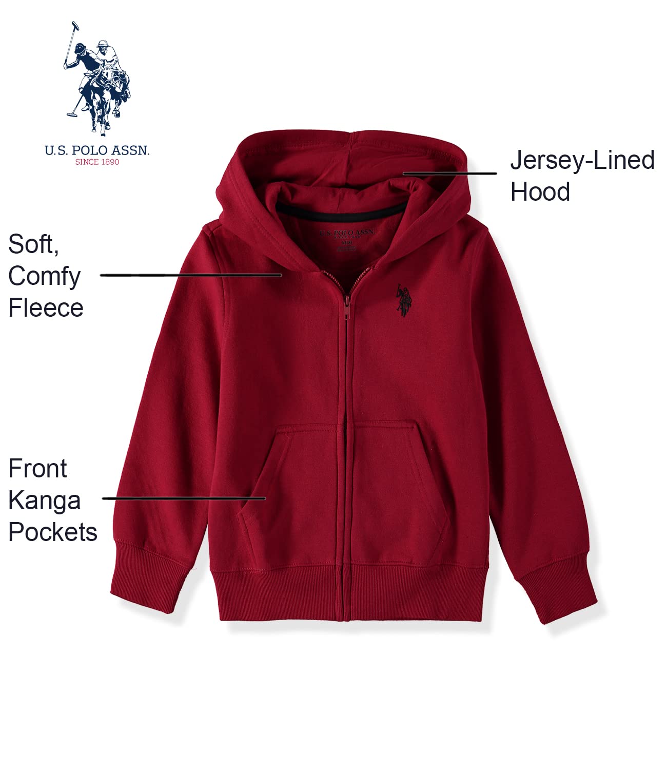 U.S. Polo Assn. Boys' Hooded Zip Fleece Jacket, New Red, 14/16