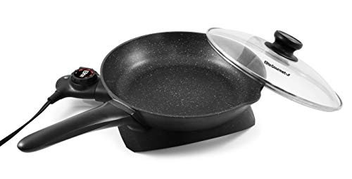 Elite Gourmet EG6207# Heavy Duty 10.5-inch Fry Pan, Easy-Pour Spout, 1000W-1200W, Dishwasher Safe, Rapid Heat Up, Non-stick Electric Skillet Tempered Glass Vented Lid, Trigger Release Probe, Black