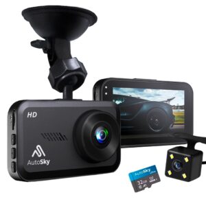 autosky dash cam front and rear - dash camera for cars mini dash cam full hd with 32gb memory card, 3 inch ips screen, accident lock, loop recording, parking monitor, motion detection