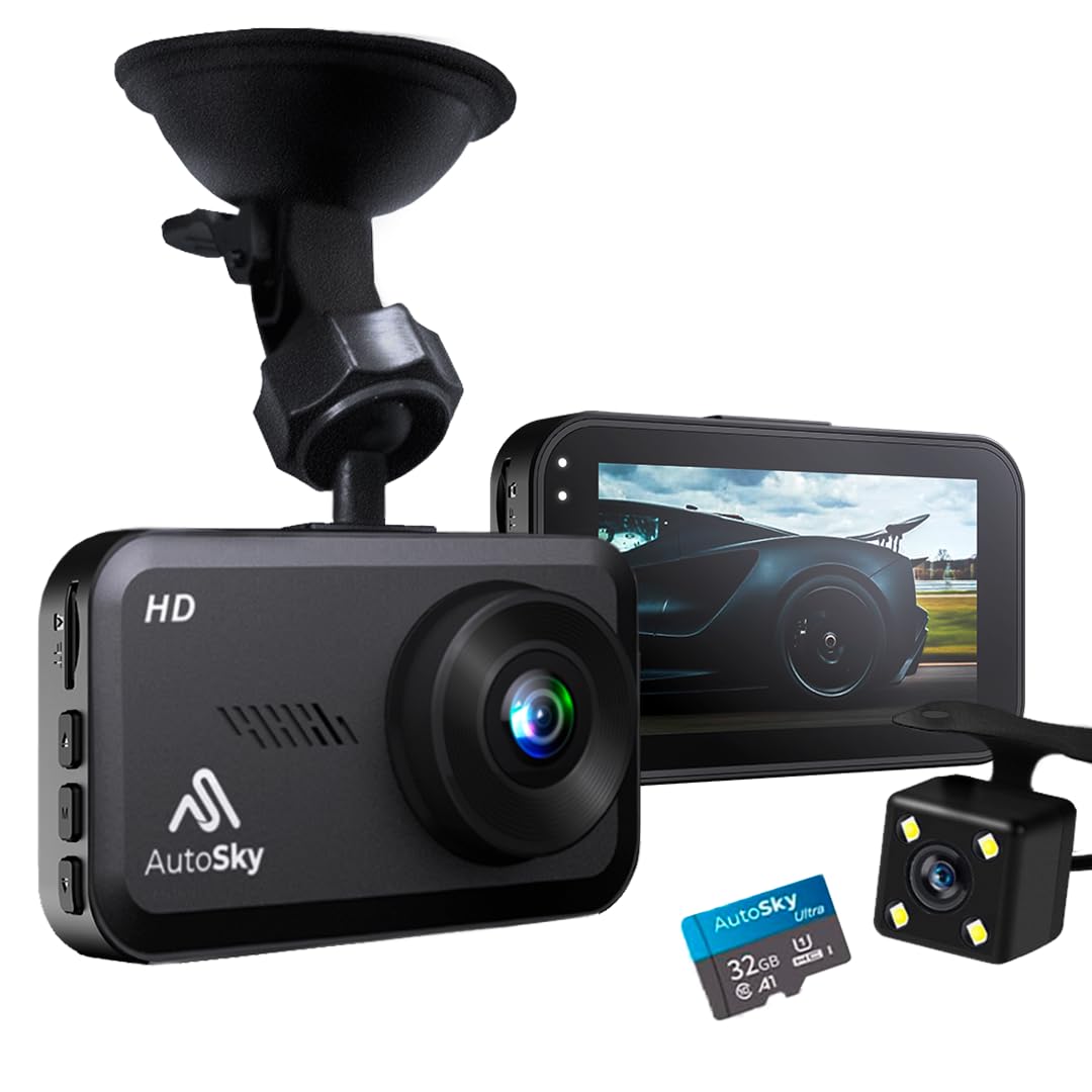 AutoSky Dash Cam Front and Rear - Dash Camera for Cars Mini Dash Cam Full HD with 32GB Memory Card, 3 inch IPS Screen, Accident Lock, Loop Recording, Parking Monitor, Motion Detection