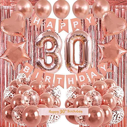 RUBFAC 30th Birthday Decorations for Women, Rose Gold Balloons, Fringe Curtain, Happy Birthday Banner Kits Party Supplies