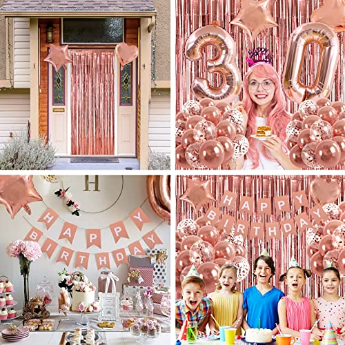 RUBFAC 30th Birthday Decorations for Women, Rose Gold Balloons, Fringe Curtain, Happy Birthday Banner Kits Party Supplies