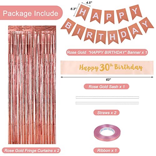 RUBFAC 30th Birthday Decorations for Women, Rose Gold Balloons, Fringe Curtain, Happy Birthday Banner Kits Party Supplies