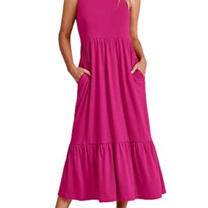 ANRABESS Women's Summer Casual Sleeveless Crewneck Swing Sundress Fit & Flare Flowy Tiered Maxi Dress with Pockets 499shenmeihong-XL Rose