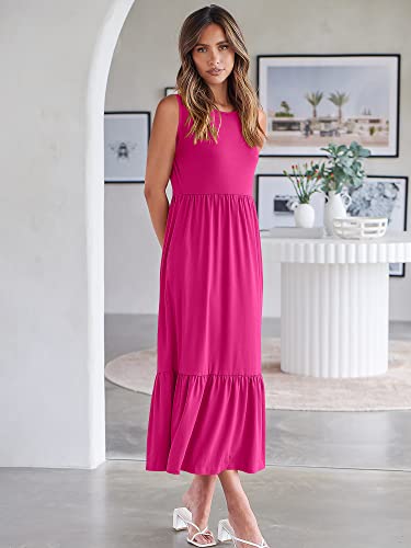 ANRABESS Women's Summer Casual Sleeveless Crewneck Swing Sundress Fit & Flare Flowy Tiered Maxi Dress with Pockets 499shenmeihong-XL Rose