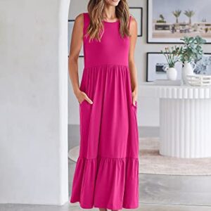 ANRABESS Women's Summer Casual Sleeveless Crewneck Swing Sundress Fit & Flare Flowy Tiered Maxi Dress with Pockets 499shenmeihong-XL Rose